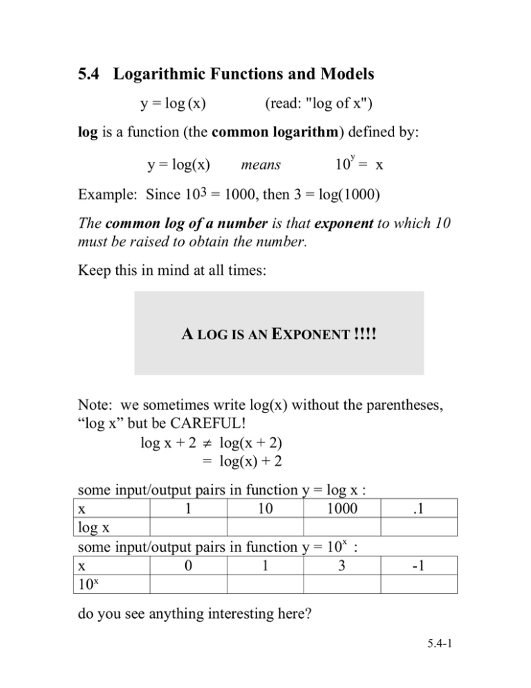 Logarithmic Functions And Models Lecture Notes