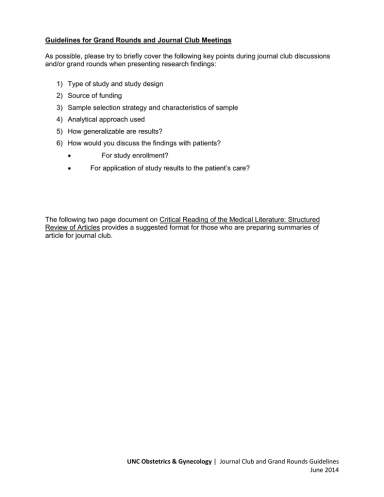 Guidelines for Grand Rounds and Journal Club Meetings