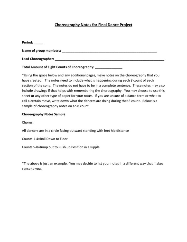 Choreography Notes for Final Dance Project