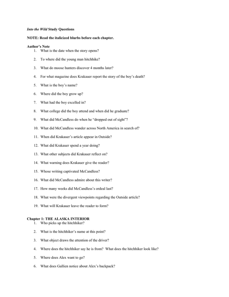 Into the Wild Study Questions: Chapters 1-5