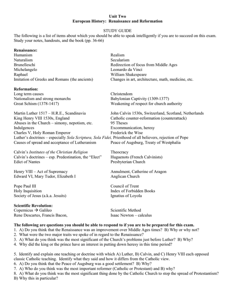 Renaissance & Reformation Study Guide
