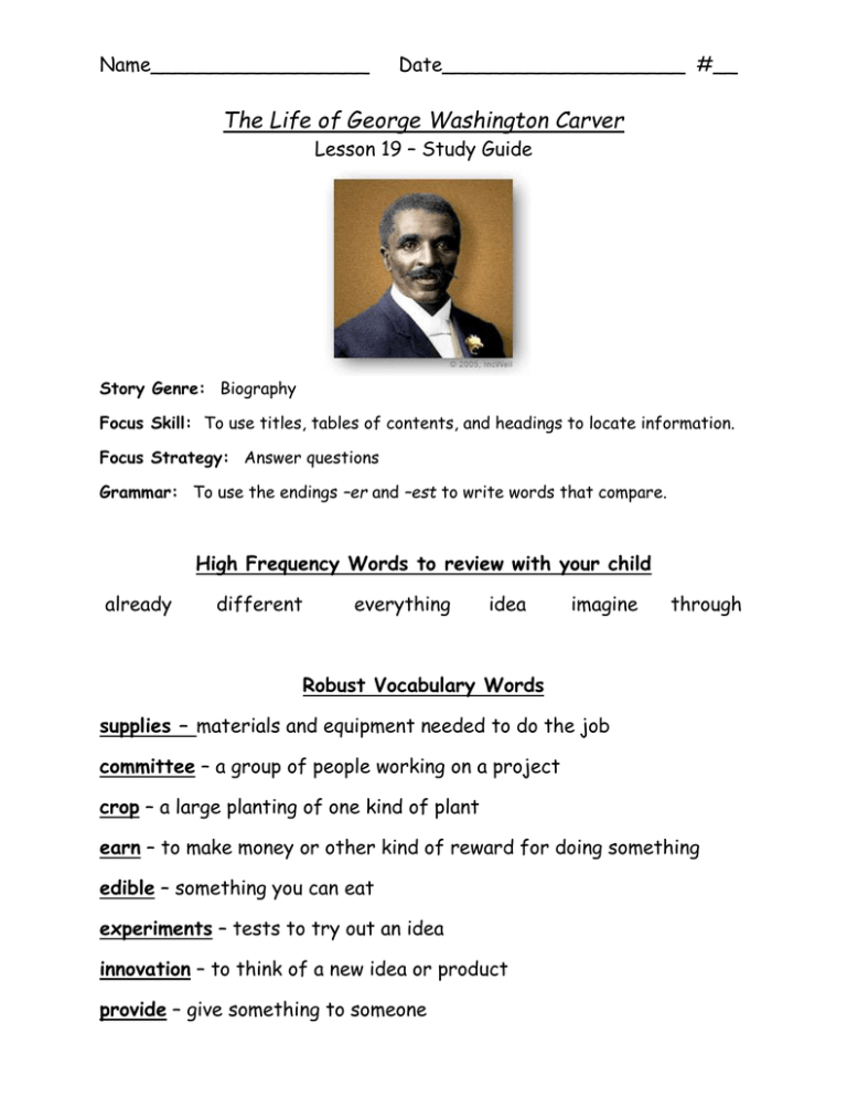 George Washington Carver Study Guide - Lesson 19