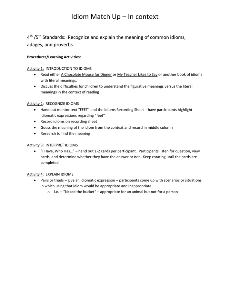 Idiom Match Up – In context 4 /5
