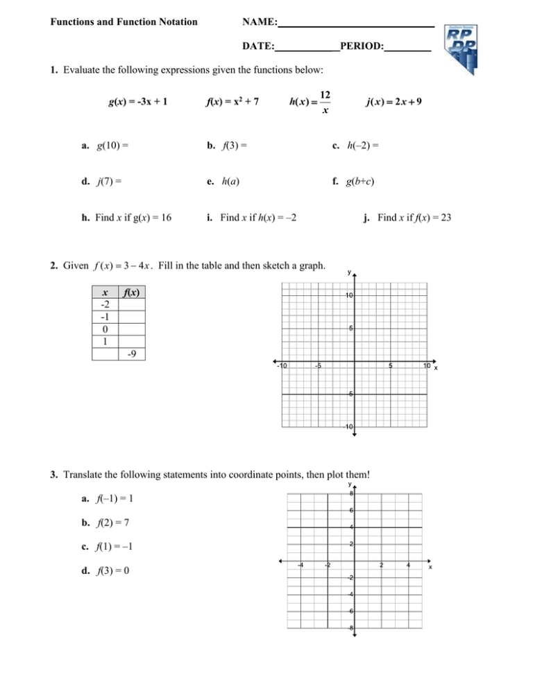 Functions and Function Notation Worksheet