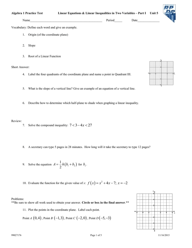Algebra 1: Linear Equations & Inequalities Practice Test