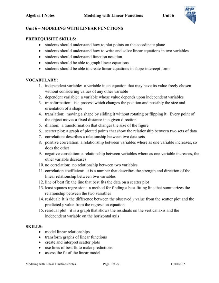 Algebra I Notes Modeling with Linear Functions Unit 6