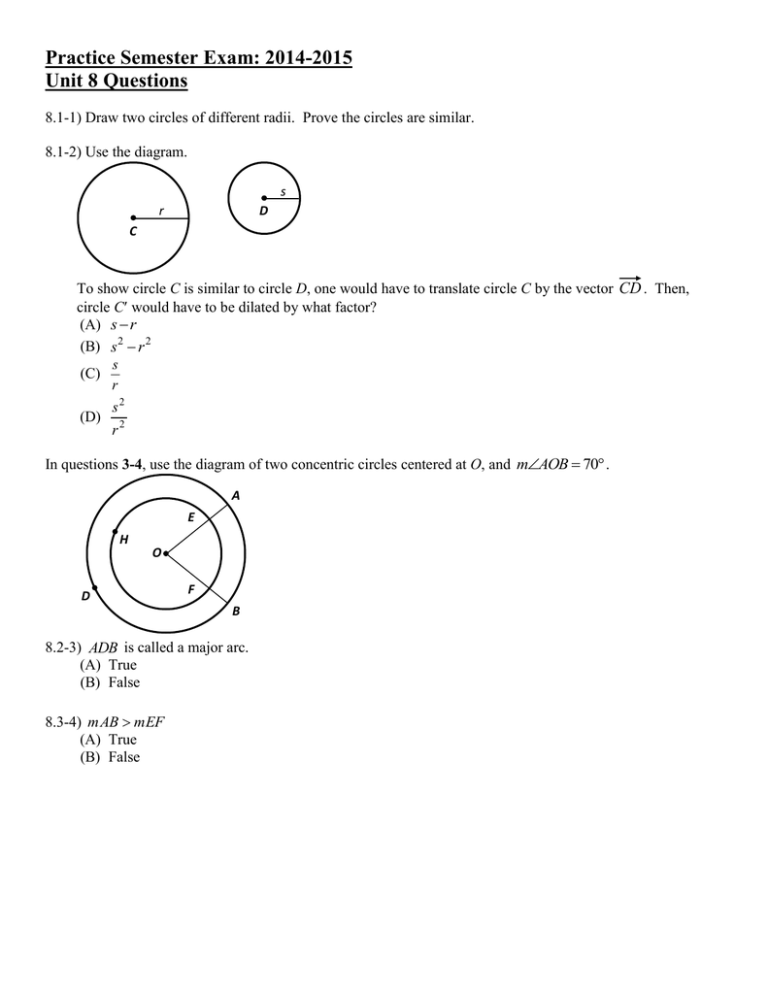 Geometry Practice Exam: Circles, Arcs, Tangents