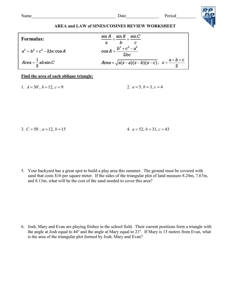 Area & Law of Sines/Cosines Review Worksheet