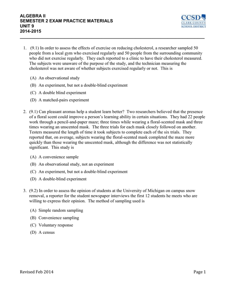 Algebra II Exam Practice: Unit 9 - Statistics & Probability