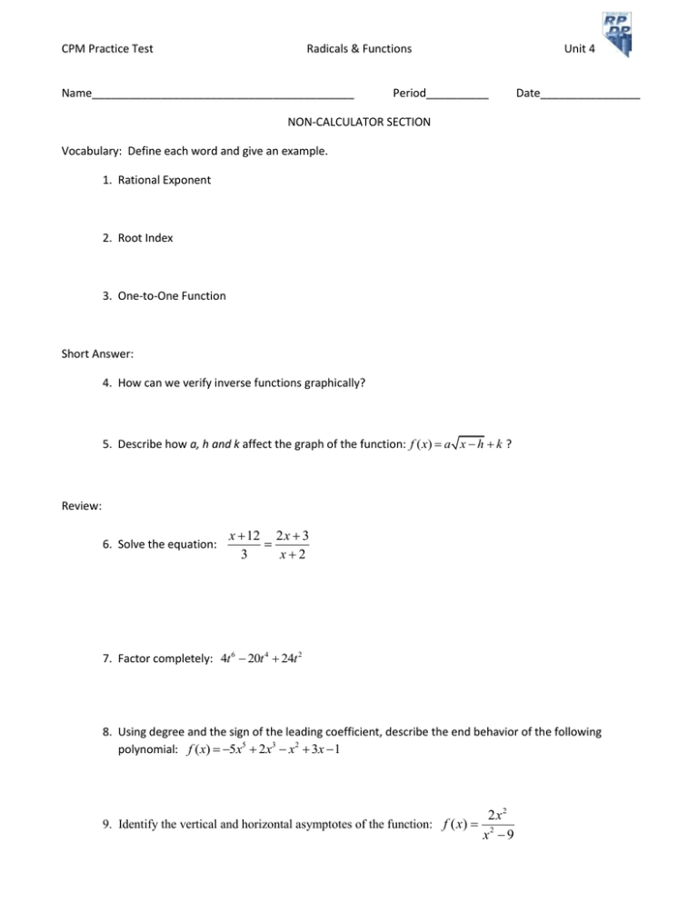 Radicals & Functions Practice Test - High School