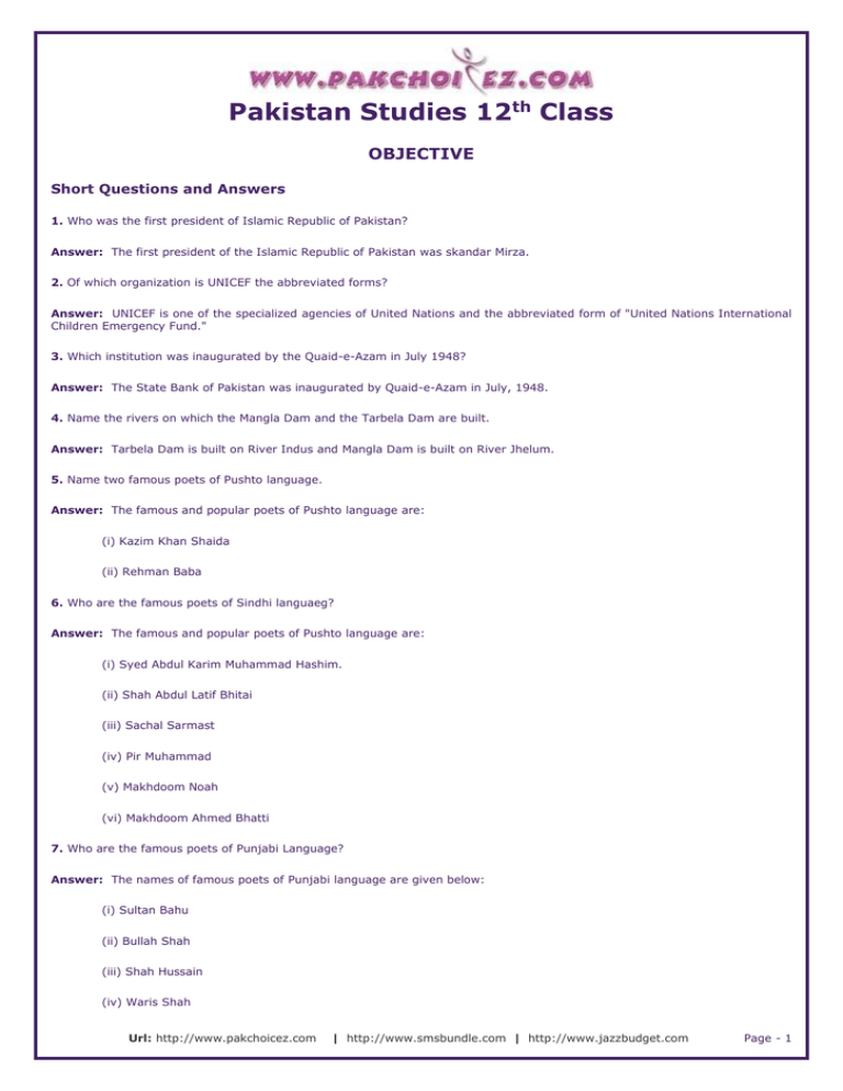 Pakistan Studies 12 Class OBJECTIVE