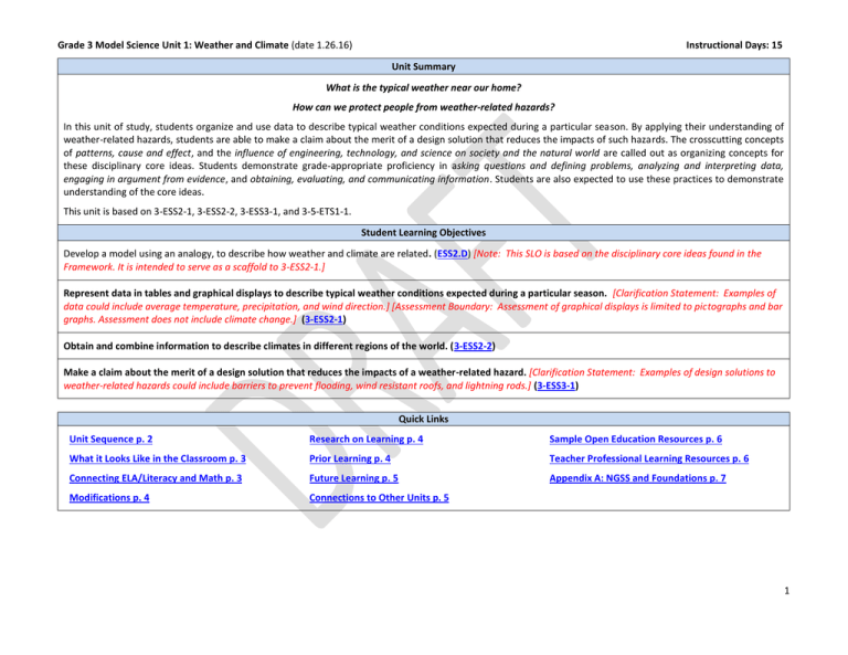 Grade 3 Model Science Unit 1: Weather and Climate Unit Summary