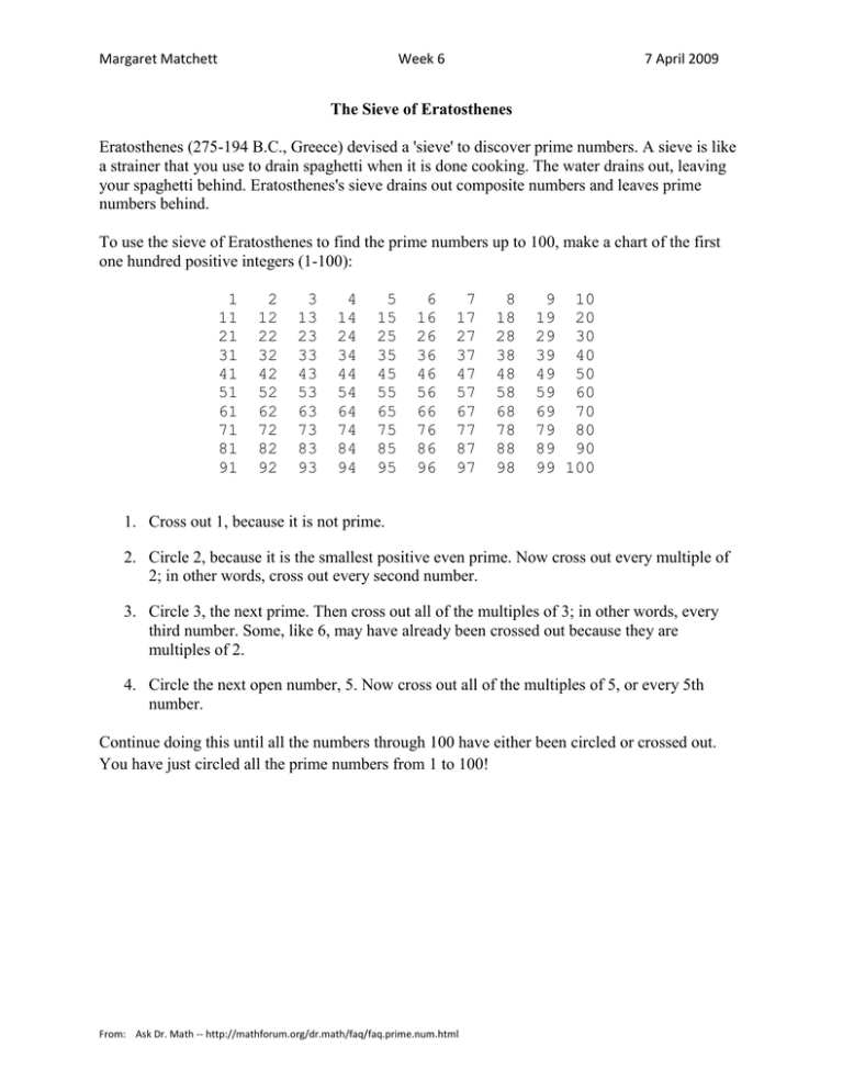 The Sieve of Eratosthenes