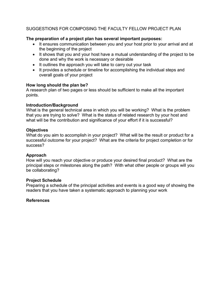 SUGGESTIONS FOR COMPOSING THE FACULTY FELLOW PROJECT PLAN