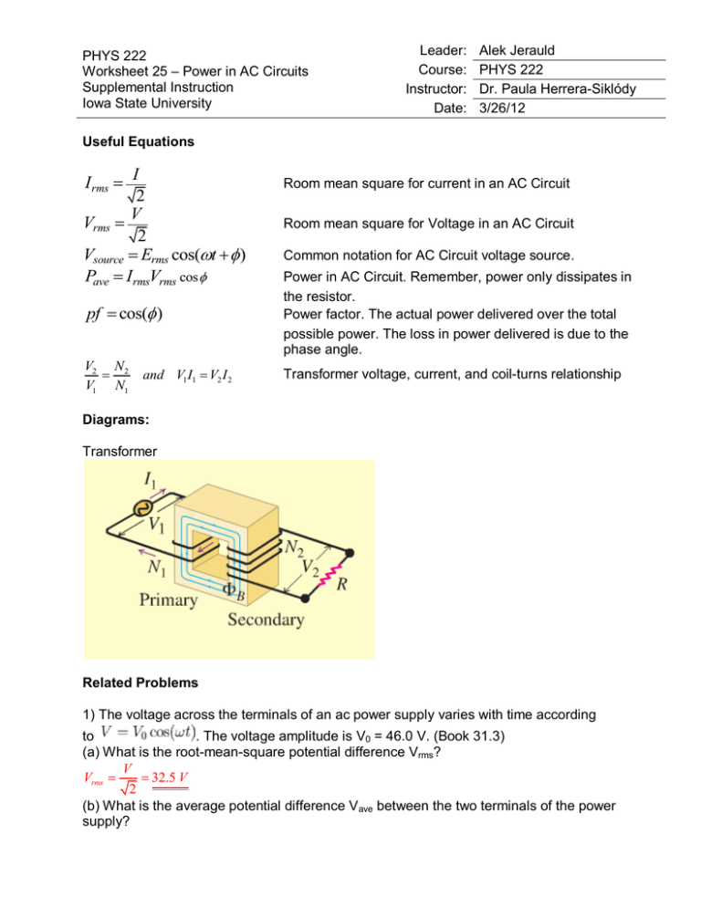 AC Circuit Power Worksheet: Formulas & Problems
