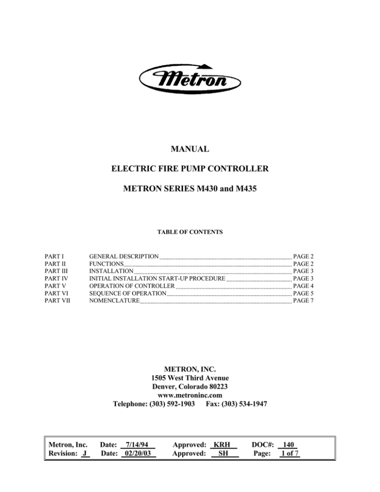 MANUAL ELECTRIC FIRE PUMP CONTROLLER METRON SERIES