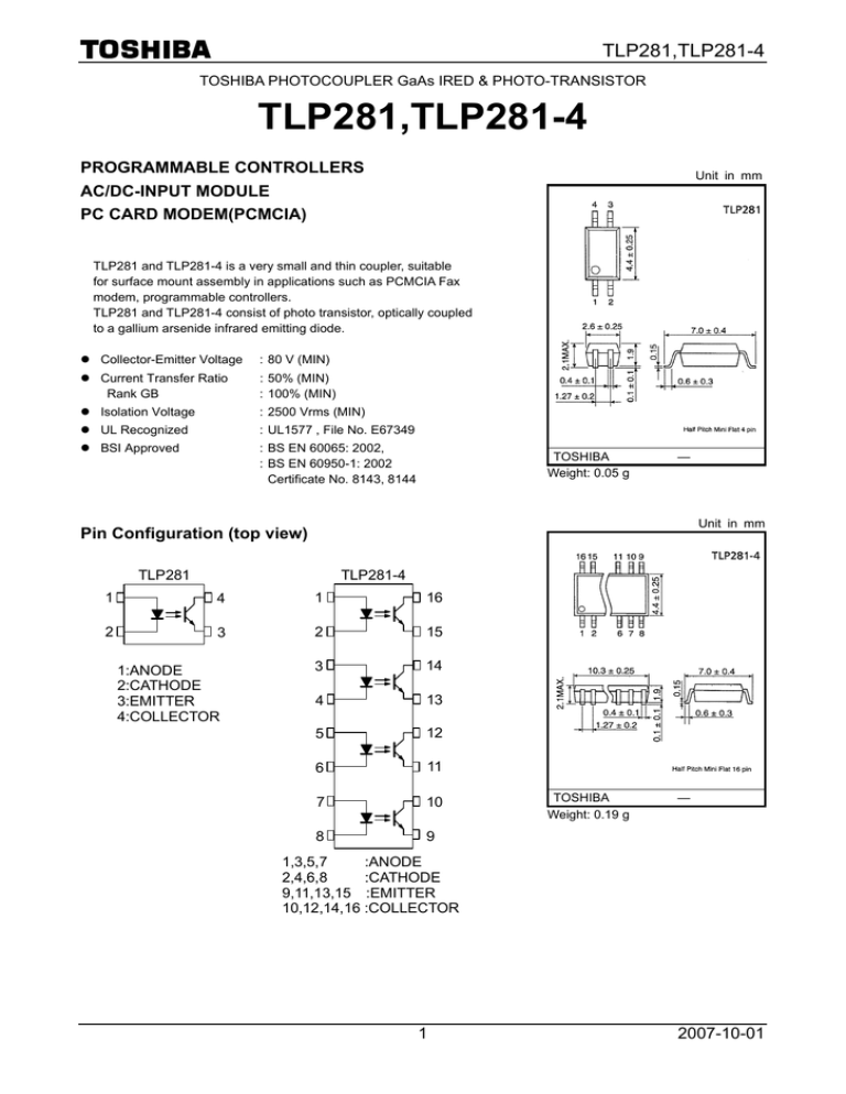 TLP281, TLP281-4 Photocoupler Datasheet | Toshiba