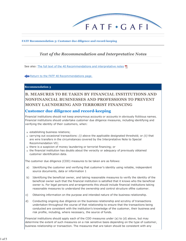 FATF Recommendation 5: Customer due diligence and record