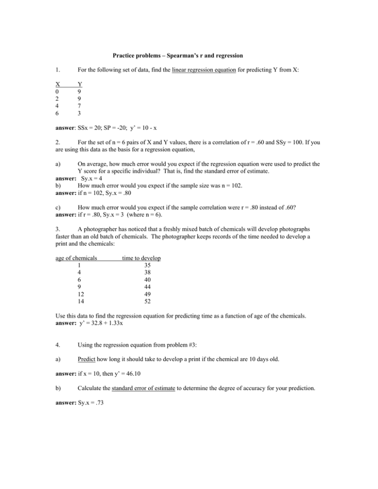 Spearman's r & Regression Practice Problems