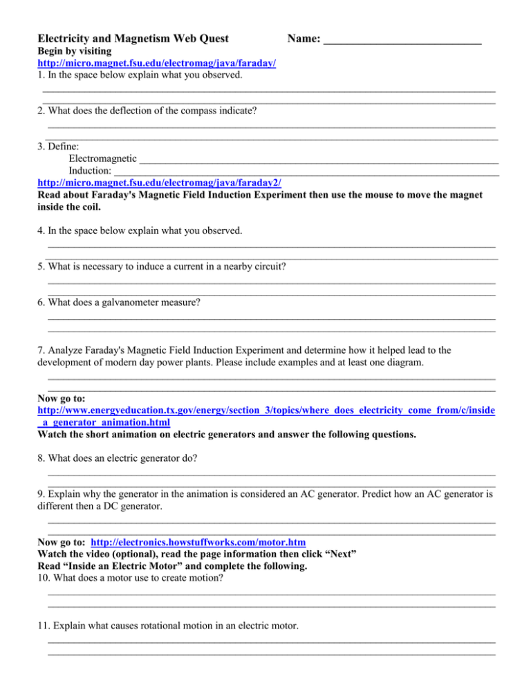 Electricity & Magnetism Web Quest: Interactive Learning