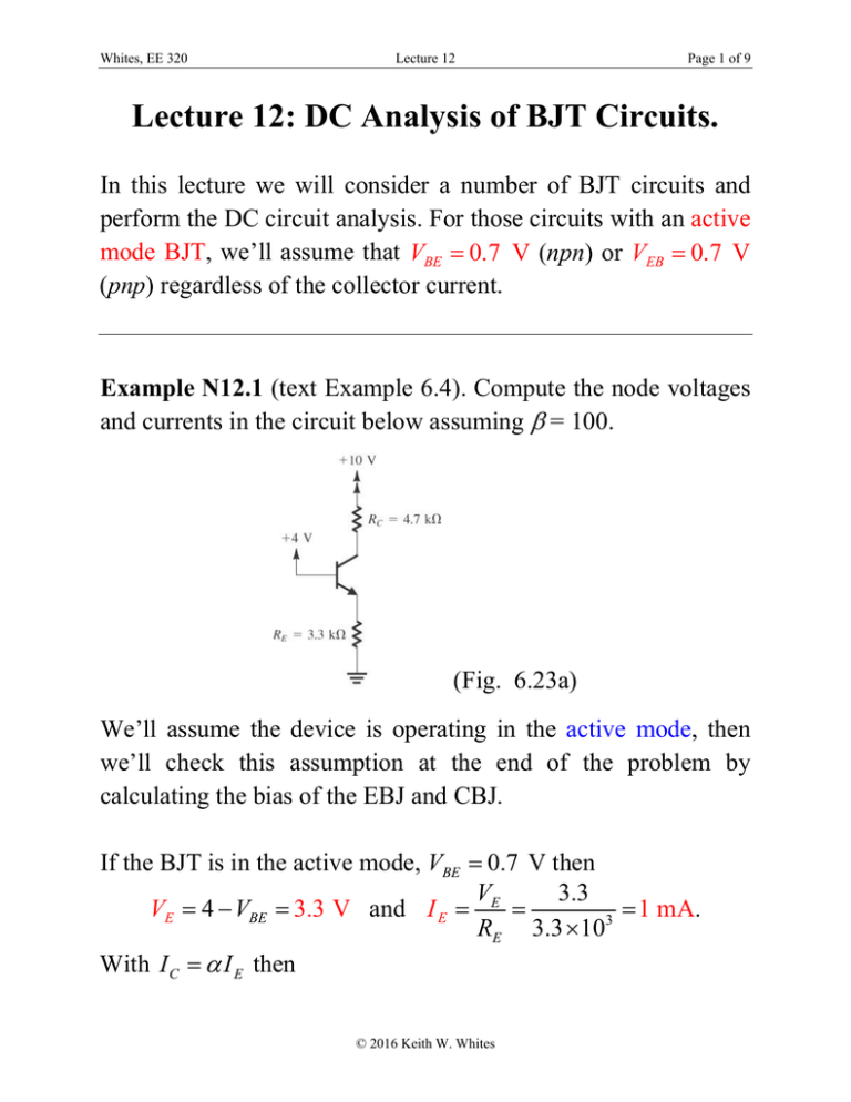 DC Analysis of BJT Circuits: Lecture Notes & Examples