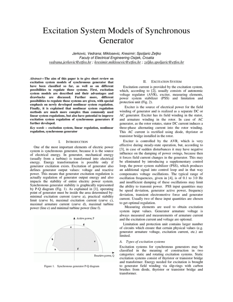 Excitation System Models of Synchronous Generator