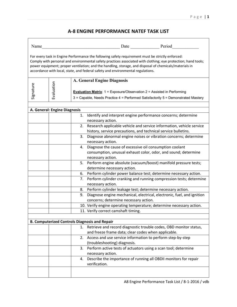 Engine Performance NATEF Task List