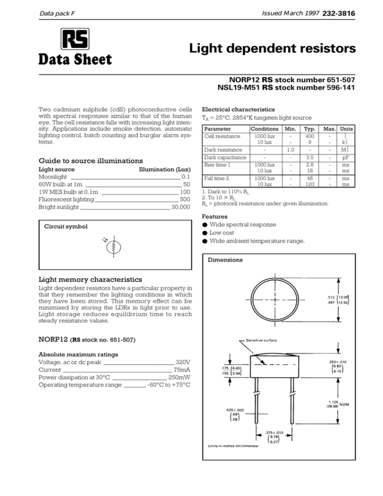 Light Dependent Resistors (LDRs) Data Sheet: NORP12 & NSL19-M51