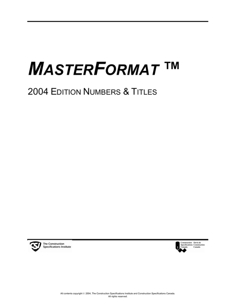 MasterFormat 2004: Construction Standards & Titles