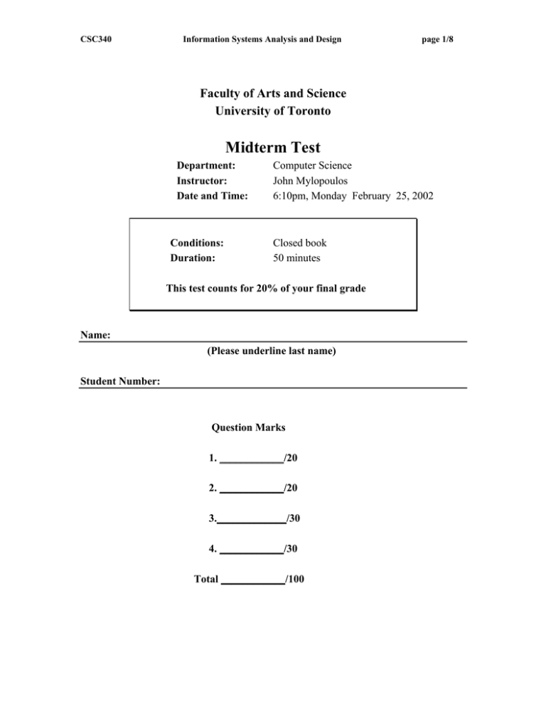CSC340 Midterm Exam: Information Systems Design