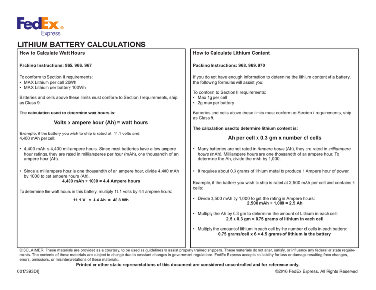lithium battery calculations