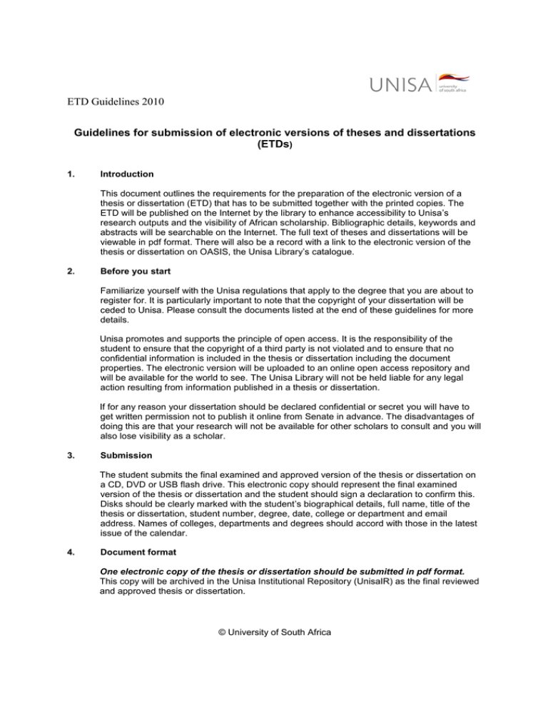 UNISA ETD Guidelines: Thesis & Dissertation Submission