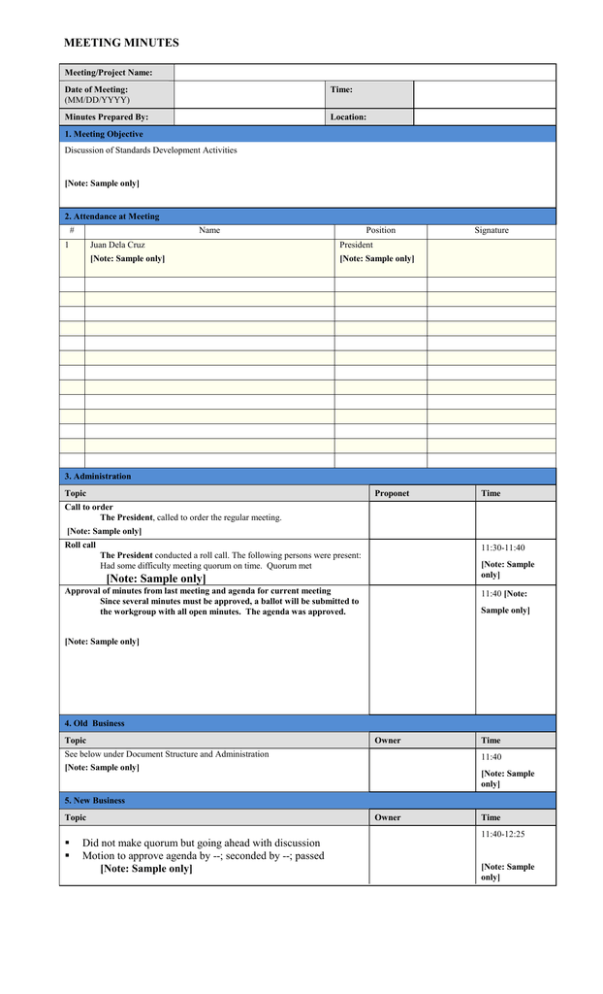 MEETING MINUTES [Note: Sample only]