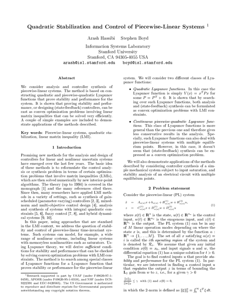 Quadratic Stabilization and Control of Piecewise-Linear