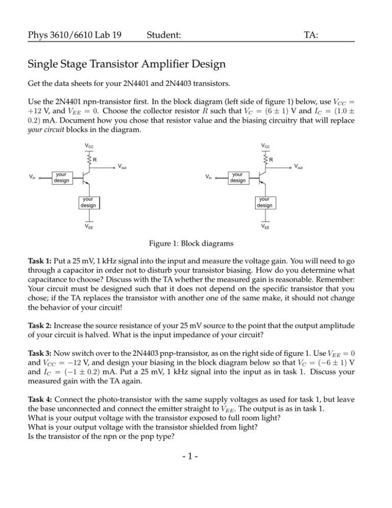 Single Stage Transistor Amplifier Design Lab