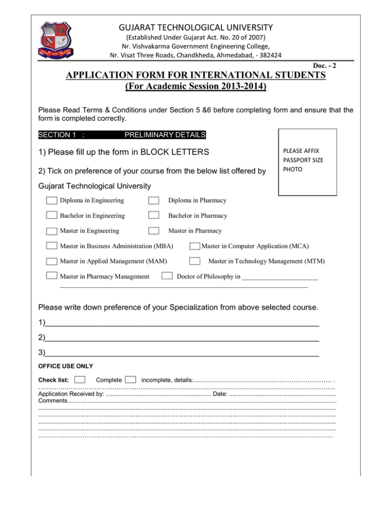GTU International Student Application Form 2013-2014