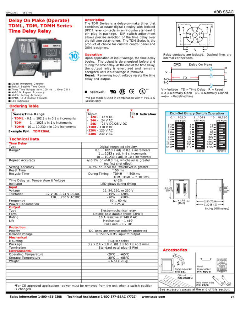 Delay On Make (Operate) TDML, TDM, TDMH Series Time Delay