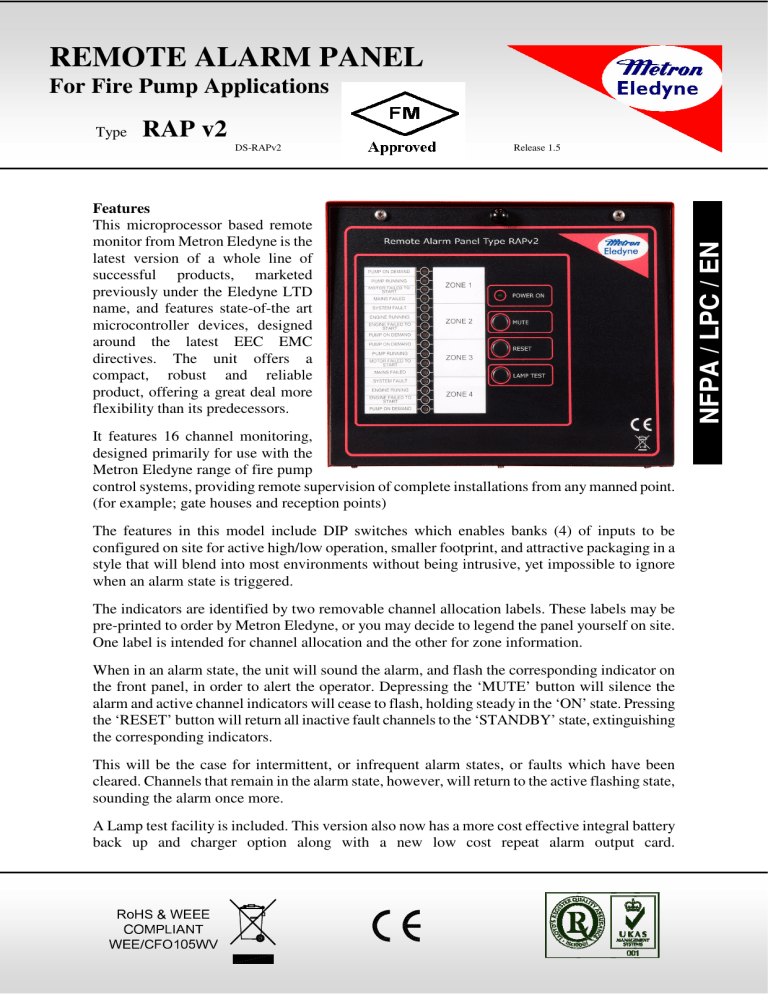 RAP v2 Remote Alarm Panel Datasheet - Fire Pump Applications