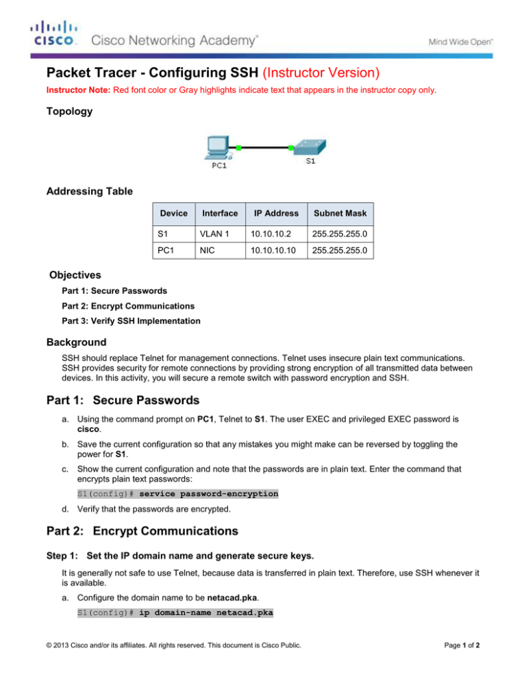 Packet Tracer: Configuring SSH on Cisco Devices