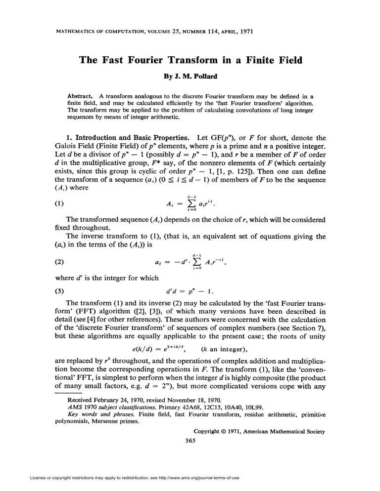 The Fast Fourier Transform in a Finite Field