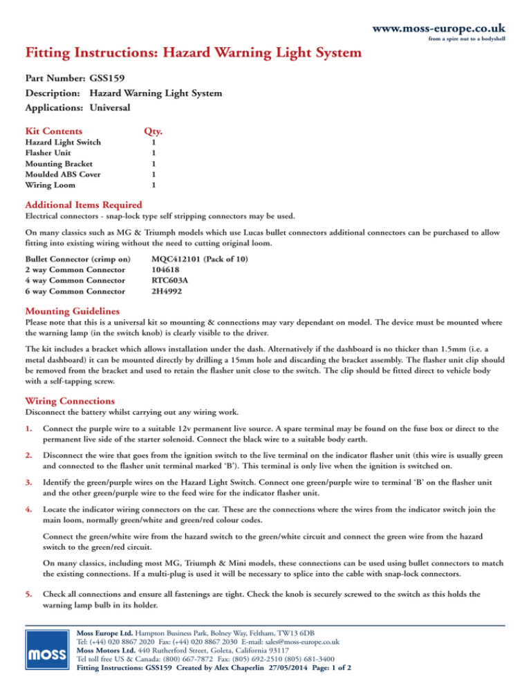 Fitting Instructions: Hazard Warning Light System