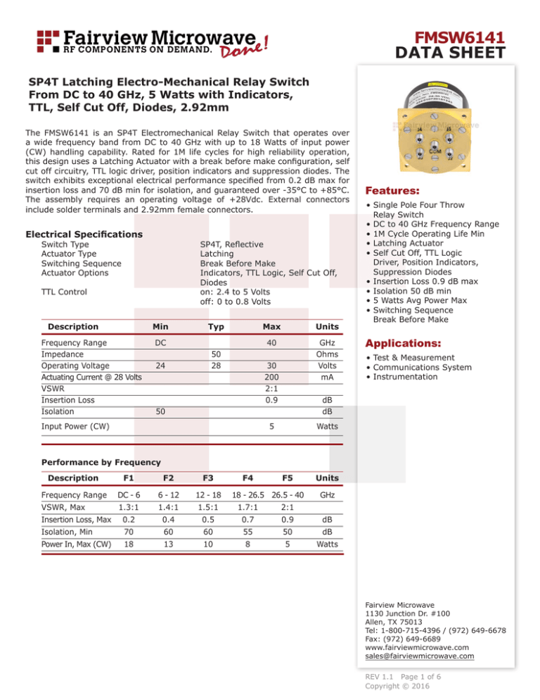 SP4T Latching Electro-Mechanical Relay Switch From DC to 40 GHz
