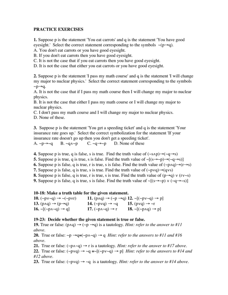 Logic Practice Exercises: Statements, Truth Tables, Negation