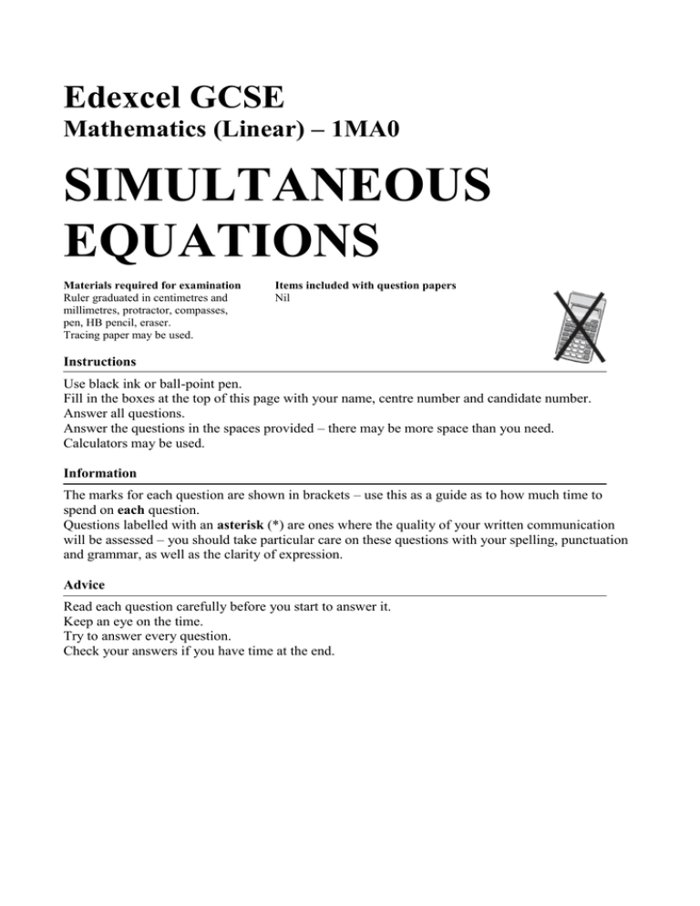 Simultaneous Equations Worksheet - GCSE Maths