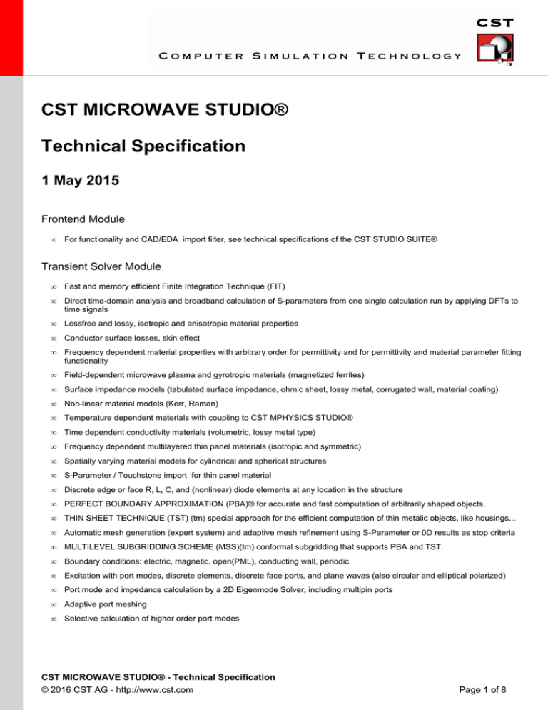 CST Microwave Studio Technical Specification