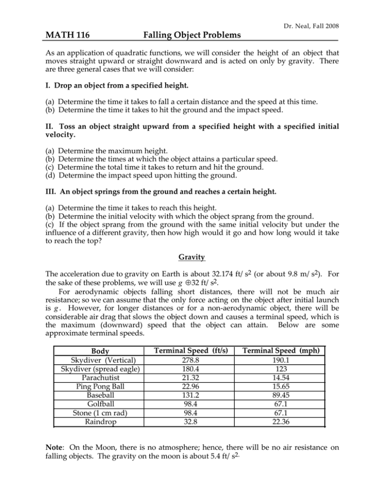 MATH 116 Falling Object Problems