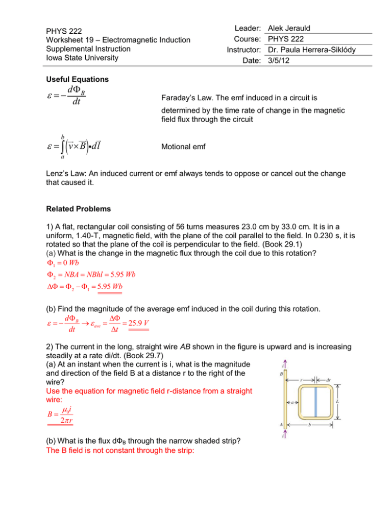 PHYS 222 Worksheet 19 Electromagnetic