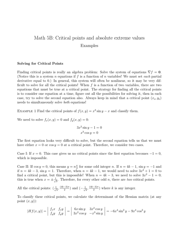 Math 5B: Critical points and absolute extreme values