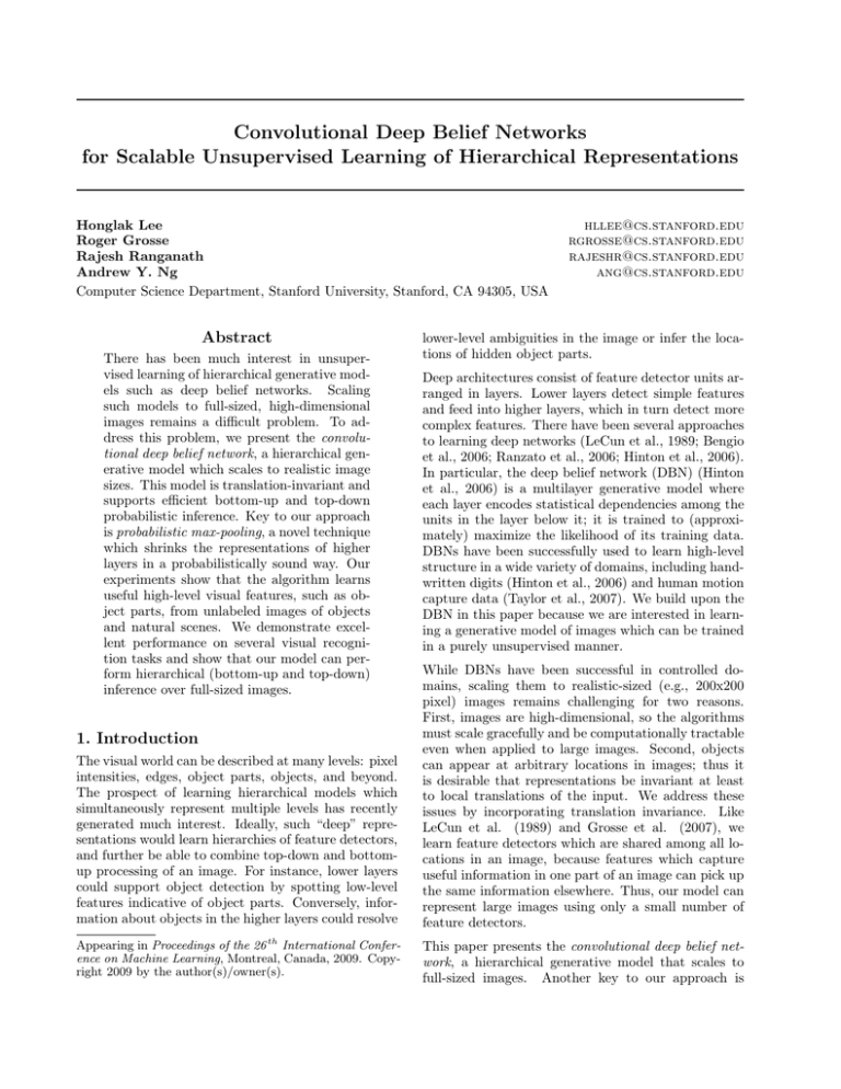 Convolutional Deep Belief Networks For Scalable Unsupervised