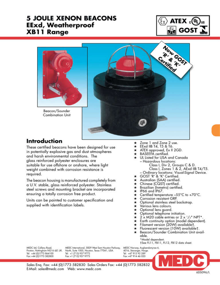 5 JOULE XENON BEACONS EExd, Weatherproof XB11 Range